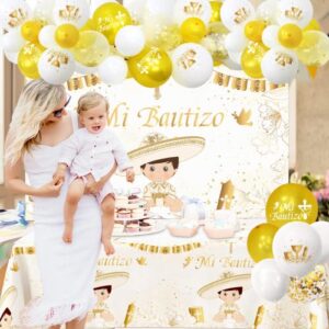 57Pcs Mi Bautizo Banner Backdrop Balloons Arch Garland Tablecloth Kit for He God Bless Baby Boy Baptism Party Decorations First Communion Decor Christening Celebration Accessories Gender Photo Background