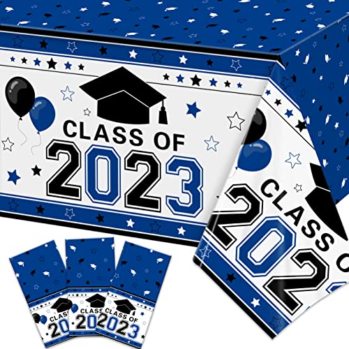 ssailue decor 2023 Graduation Decorations, 3 Pieces Blue Class of 2023 Tablecloth Plastic Disposable Graduation Table Cover for Congrats Grad Party Supplies, 43x 70 Inch