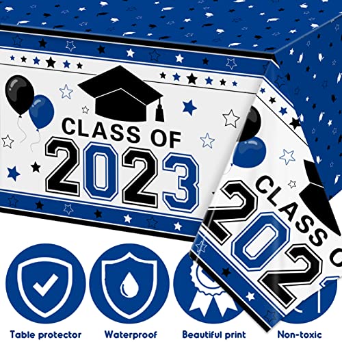 ssailue decor 2023 Graduation Decorations, 3 Pieces Blue Class of 2023 Tablecloth Plastic Disposable Graduation Table Cover for Congrats Grad Party Supplies, 43x 70 Inch