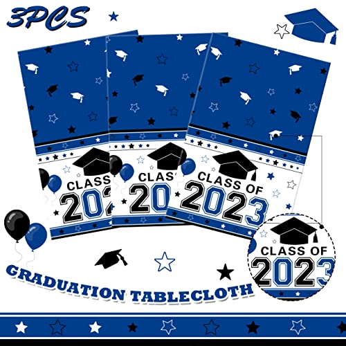 ssailue decor 2023 Graduation Decorations, 3 Pieces Blue Class of 2023 Tablecloth Plastic Disposable Graduation Table Cover for Congrats Grad Party Supplies, 43x 70 Inch