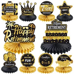 10pcs happy retirement decorations table honeycomb centerpieces party supplies, black gold retirement adventure awaits sign for women men, retired decor goodbye retirement signs