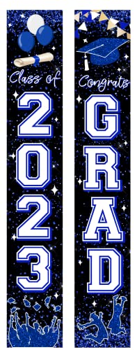 Graduation Party Decorations Blue and White Class of 2023 Graduation Hanging Porch Sign Congrats Banner for High School and College Graduation Party Decorations (Blue)