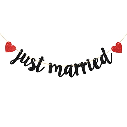 Just Married Banner - Wedding Banner - Wedding Bridal Shower Bachelorette Party Decorations (Black&Red)