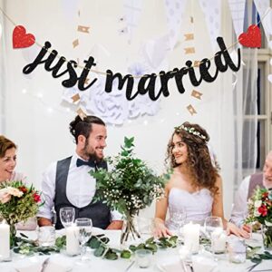 Just Married Banner - Wedding Banner - Wedding Bridal Shower Bachelorette Party Decorations (Black&Red)