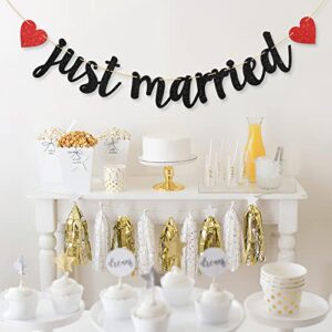 Just Married Banner - Wedding Banner - Wedding Bridal Shower Bachelorette Party Decorations (Black&Red)