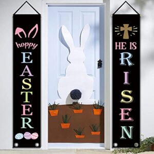 GAGEC Happy Easter Banner He is Risen Religious Cross Christian Bunny Egg 2 Pieces Door Banner Decoration Home Outdoor Indoor Porch Sign Holiday Decor 71 x 12 Inch