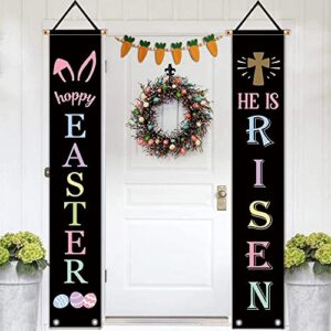 GAGEC Happy Easter Banner He is Risen Religious Cross Christian Bunny Egg 2 Pieces Door Banner Decoration Home Outdoor Indoor Porch Sign Holiday Decor 71 x 12 Inch