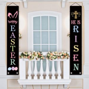 GAGEC Happy Easter Banner He is Risen Religious Cross Christian Bunny Egg 2 Pieces Door Banner Decoration Home Outdoor Indoor Porch Sign Holiday Decor 71 x 12 Inch