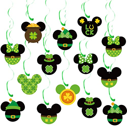 Eartim 30Pcs St.Patrick's Day Mouse Inspired Hanging Swirls Decorations, Green Shamrock Clover Ceiling Foil Swirl Whirl for Irish St Patrick Party Lucky Day Decoration Favor Supplies Home Office Decor