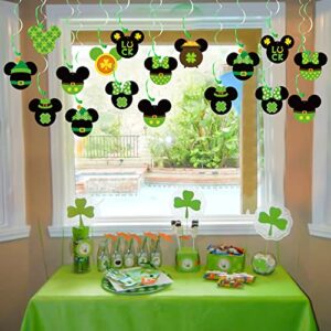 Eartim 30Pcs St.Patrick's Day Mouse Inspired Hanging Swirls Decorations, Green Shamrock Clover Ceiling Foil Swirl Whirl for Irish St Patrick Party Lucky Day Decoration Favor Supplies Home Office Decor