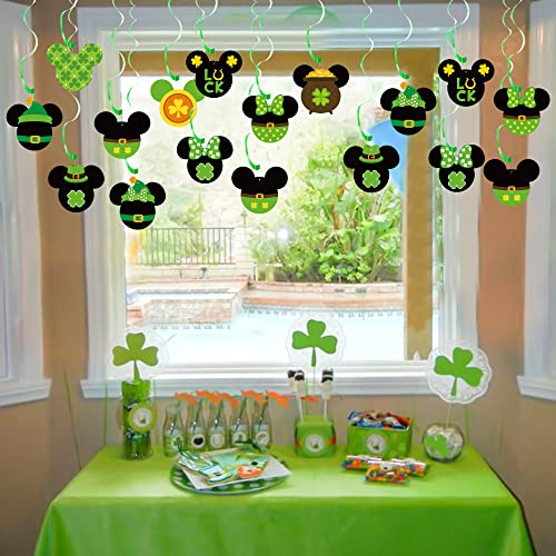 Eartim 30Pcs St.Patrick's Day Mouse Inspired Hanging Swirls Decorations, Green Shamrock Clover Ceiling Foil Swirl Whirl for Irish St Patrick Party Lucky Day Decoration Favor Supplies Home Office Decor