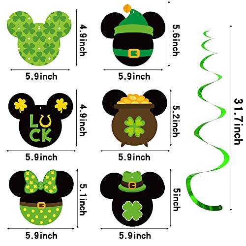 Eartim 30Pcs St.Patrick's Day Mouse Inspired Hanging Swirls Decorations, Green Shamrock Clover Ceiling Foil Swirl Whirl for Irish St Patrick Party Lucky Day Decoration Favor Supplies Home Office Decor