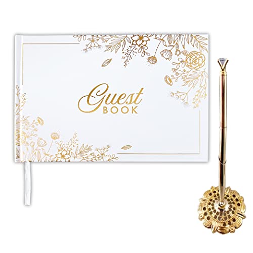 B&F Guest Book for Wedding, Guest Book Wedding Reception with Gold Diamond Crystal Pen with Holder, 9" x 6" White Polaroid Guest Book with 60 Sheets (120 Pages)