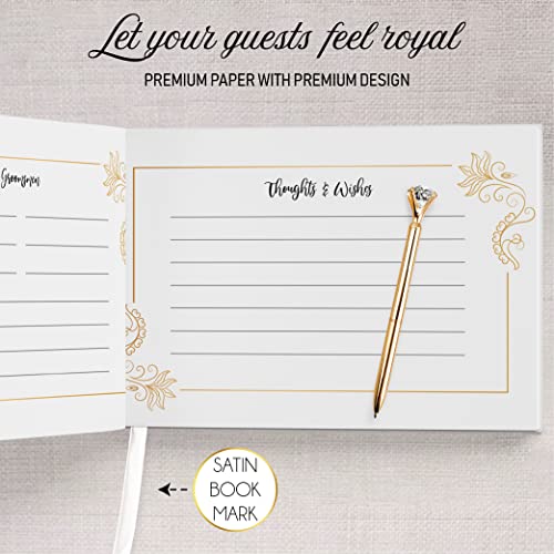 B&F Guest Book for Wedding, Guest Book Wedding Reception with Gold Diamond Crystal Pen with Holder, 9" x 6" White Polaroid Guest Book with 60 Sheets (120 Pages)