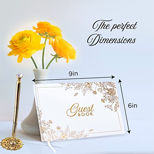 B&F Guest Book for Wedding, Guest Book Wedding Reception with Gold Diamond Crystal Pen with Holder, 9" x 6" White Polaroid Guest Book with 60 Sheets (120 Pages)