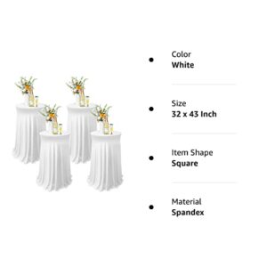 Tegeme 4 Packs Round Spandex Cocktail Tablecloths with Skirt Table Cover Stretch Square Tablecloth for Fitted High Top Bar Wedding Party Banquet (White, 32 x 43 Inch)