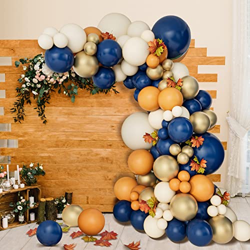 Navy Blue and Gold Balloons Garland Arch Kit, Ivory White, Metallic Gold and Double Stuffed Burnt Orange Balloon Garland Kit for Graduation, Birthday Party, Baby Shower, Thanksgiving Fall Decorations