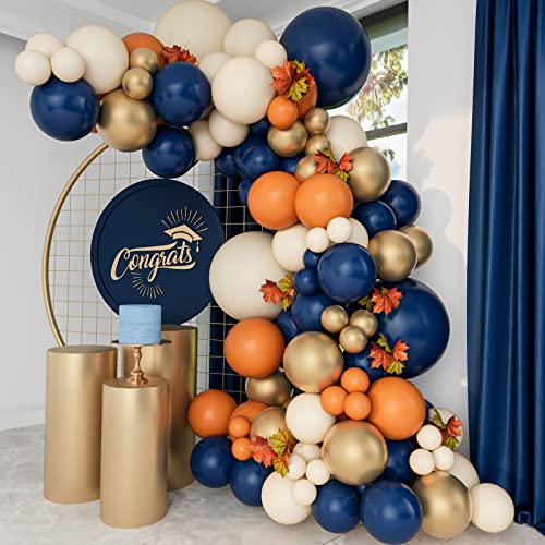 Navy Blue and Gold Balloons Garland Arch Kit, Ivory White, Metallic Gold and Double Stuffed Burnt Orange Balloon Garland Kit for Graduation, Birthday Party, Baby Shower, Thanksgiving Fall Decorations