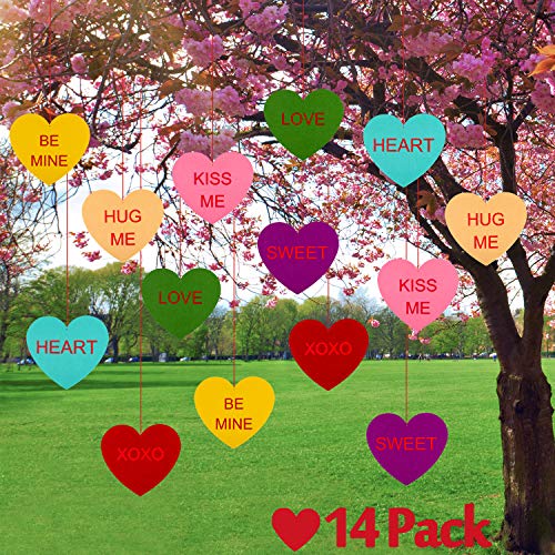 Whaline 14 Pcs Valentine's Day Heart Hanging Decorations, Hanging Candy Heart Felt Garland, Yard Sign Outdoor Lawn Decoration, for Indoor Window Decoration Wedding and Party Supplies