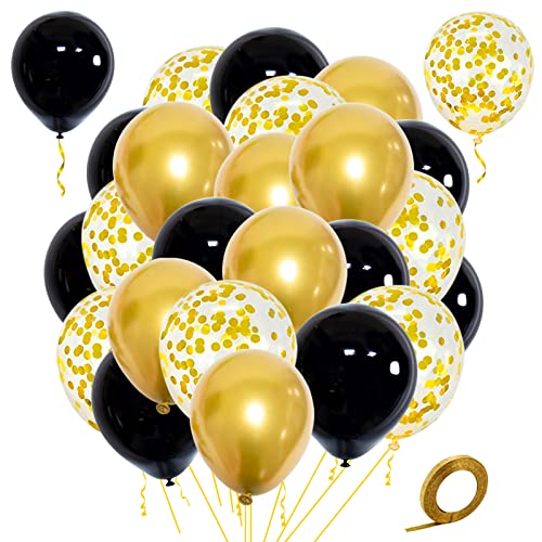 Black Gold Confetti Balloons 50 Pack 12 inch Black and Gold Metallic Latex Balloons with 1 Rolls of Ribbon for Birthday Graduation Celebration Party Decorations.