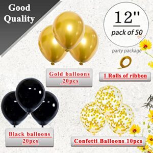 Black Gold Confetti Balloons 50 Pack 12 inch Black and Gold Metallic Latex Balloons with 1 Rolls of Ribbon for Birthday Graduation Celebration Party Decorations.