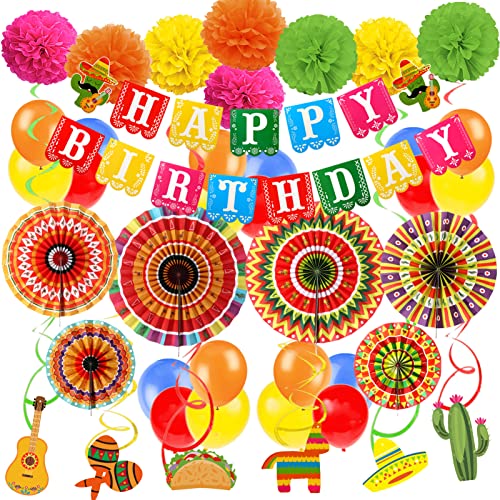 Recosis Fiesta Birthday Decorations, Mexican Themed Happy Birthday Banner Paper Pompoms Mexico Fans Fiesta Decorations Balloons Birthday Party Decorations