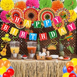 Recosis Fiesta Birthday Decorations, Mexican Themed Happy Birthday Banner Paper Pompoms Mexico Fans Fiesta Decorations Balloons Birthday Party Decorations