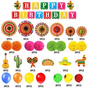 Recosis Fiesta Birthday Decorations, Mexican Themed Happy Birthday Banner Paper Pompoms Mexico Fans Fiesta Decorations Balloons Birthday Party Decorations