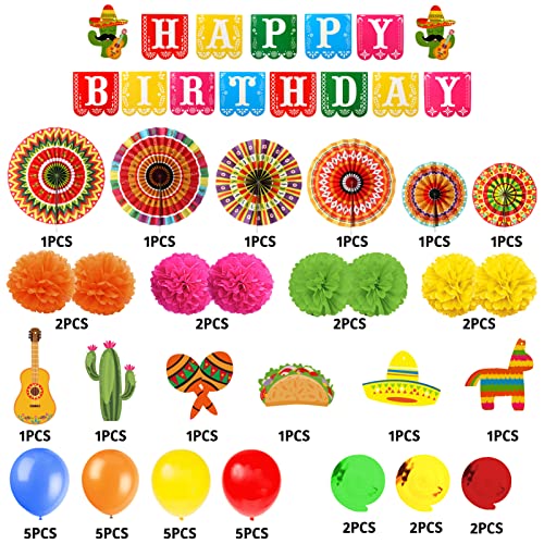 Recosis Fiesta Birthday Decorations, Mexican Themed Happy Birthday Banner Paper Pompoms Mexico Fans Fiesta Decorations Balloons Birthday Party Decorations