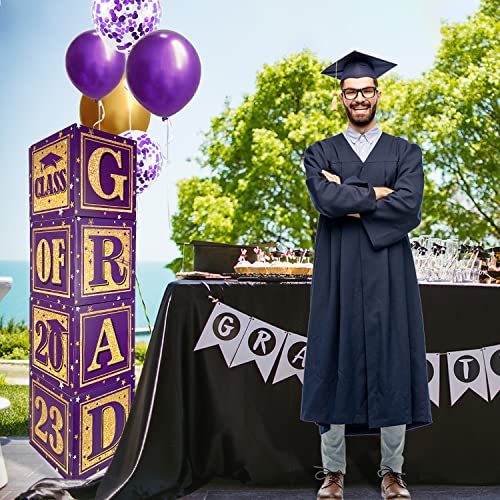 Purple and Gold Graduation Card Box-Set of 4 Graduation Balloon Boxes with "GRAD" and"CLASS OF 2023" Letters Graduation Boxs for High School College Graduation Party Decorations Supplies