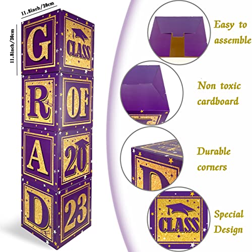 Purple and Gold Graduation Card Box-Set of 4 Graduation Balloon Boxes with "GRAD" and"CLASS OF 2023" Letters Graduation Boxs for High School College Graduation Party Decorations Supplies