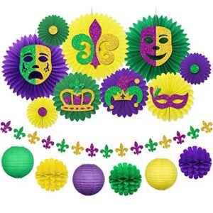 mardi gras paper fan decoration kit fleur de lis flower garland green gold purple glittery cutouts paper honeycomb balls lanterns backdrop for mardi gras theme birthday masquerade party supplies new orleans carnival favors