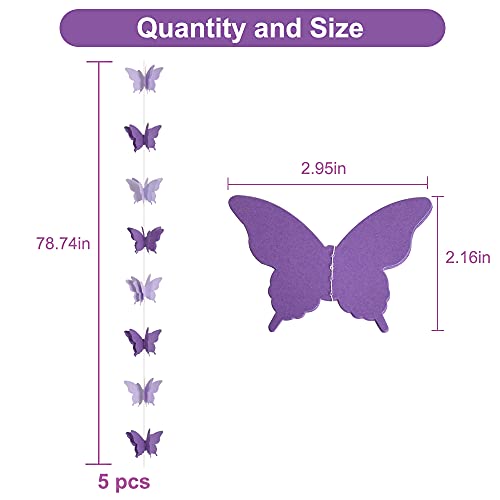 BEISHIDA 5Pcs Purple Lavender Butterfly Paper Garland Hanging Decorative Banner for Halloween Home Ceiling Decor Birthday Party Baby Shower Wedding Showcase Decoration Supplies Total 393 Inch Length