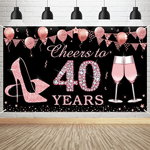 Kauayurk 40th Birthday Decorations Cheers to 40 Years Banner, Rose Gold 40 Year Old Birthday Backdrop Decor for Women, Large Forty Birthday Poster Sign Party Supplies