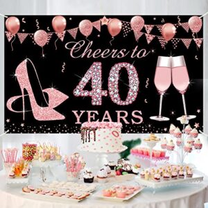 Kauayurk 40th Birthday Decorations Cheers to 40 Years Banner, Rose Gold 40 Year Old Birthday Backdrop Decor for Women, Large Forty Birthday Poster Sign Party Supplies