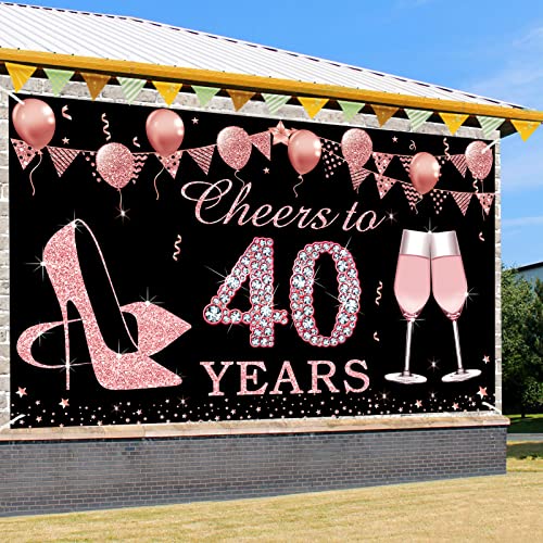 Kauayurk 40th Birthday Decorations Cheers to 40 Years Banner, Rose Gold 40 Year Old Birthday Backdrop Decor for Women, Large Forty Birthday Poster Sign Party Supplies