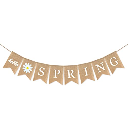 Hello Spring Banner Burlap Decorations, Daisy Themed Spring Decorations Garland with Flower for Mantle Fireplace Supplies Spring Bunting Garland Banner Decoration for Home Spring Themed Party Decor