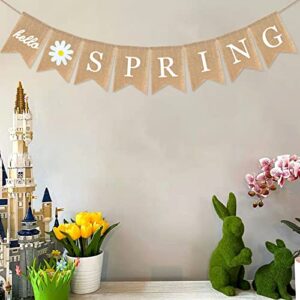 Hello Spring Banner Burlap Decorations, Daisy Themed Spring Decorations Garland with Flower for Mantle Fireplace Supplies Spring Bunting Garland Banner Decoration for Home Spring Themed Party Decor