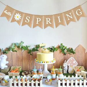 Hello Spring Banner Burlap Decorations, Daisy Themed Spring Decorations Garland with Flower for Mantle Fireplace Supplies Spring Bunting Garland Banner Decoration for Home Spring Themed Party Decor