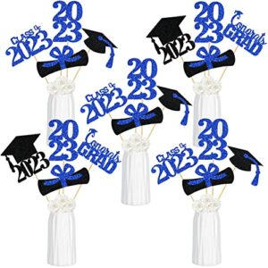 blue glitter graduation party centerpieces for tables 2023 graduation party centerpiece sticks blue, class of 2023 centerpiece sticks graduation table toppers 2023 for blue graduation table decorations – 24pcs