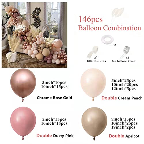 Holipardy 146pcs Balloon Arch Garland Kit Double-Stuffed Dusty Pink Cream Peach Chrome Rose Gold Balloons for Baby Shower,Engagement,Kids Adult Birthdays Weddings Receptions Decoration