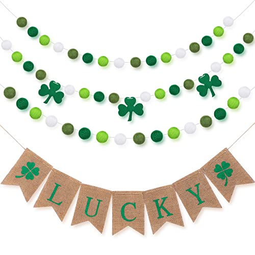 3 Pieces St. Patrick's Day Felt Balls Garland with Lucky Shamrock Garland Banner St Patrick Garland St. Patrick's Day Decorations for Irish Wall Hanging Decorations