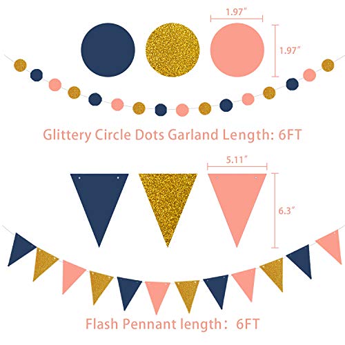 Navy Rose Gold Birthday Decorations - Paper Pom Poms Flower Happy Birthday Banner Circle Dots Garland Pennant Latex Balloons Birthday Decorations for Women Men Girls Navy Blue Rose Gold Party Supplies