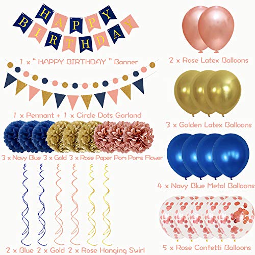 Navy Rose Gold Birthday Decorations - Paper Pom Poms Flower Happy Birthday Banner Circle Dots Garland Pennant Latex Balloons Birthday Decorations for Women Men Girls Navy Blue Rose Gold Party Supplies