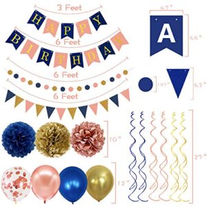 Navy Rose Gold Birthday Decorations - Paper Pom Poms Flower Happy Birthday Banner Circle Dots Garland Pennant Latex Balloons Birthday Decorations for Women Men Girls Navy Blue Rose Gold Party Supplies