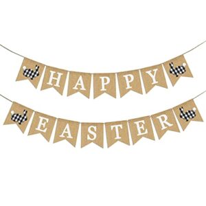 Happy Easter Burlap Banner with Buffalo Plaid Bunny - NO DIY - Rustic Farmhouse Easter Decorations - Easter Bunny Bunting Garland for Mantel Fireplace - Spring Easter Party Decoration