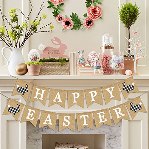 Happy Easter Burlap Banner with Buffalo Plaid Bunny - NO DIY - Rustic Farmhouse Easter Decorations - Easter Bunny Bunting Garland for Mantel Fireplace - Spring Easter Party Decoration