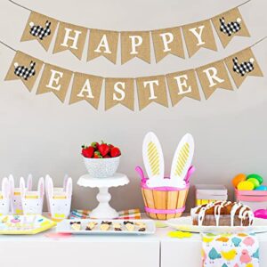 Happy Easter Burlap Banner with Buffalo Plaid Bunny - NO DIY - Rustic Farmhouse Easter Decorations - Easter Bunny Bunting Garland for Mantel Fireplace - Spring Easter Party Decoration