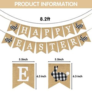 Happy Easter Burlap Banner with Buffalo Plaid Bunny - NO DIY - Rustic Farmhouse Easter Decorations - Easter Bunny Bunting Garland for Mantel Fireplace - Spring Easter Party Decoration