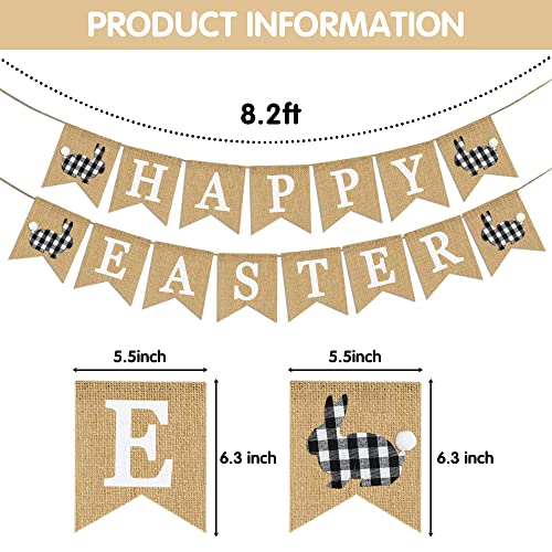 Happy Easter Burlap Banner with Buffalo Plaid Bunny - NO DIY - Rustic Farmhouse Easter Decorations - Easter Bunny Bunting Garland for Mantel Fireplace - Spring Easter Party Decoration